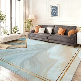 Generic Tapis de Salon 160 x 230 cm, Bleu Tapis Lavable &agrave; Poils Courts antid&eacute;rapant Doux, Motif Moderne Mode Marbre Art D&eacute;co, pour Chambre denfant Bureau Sall