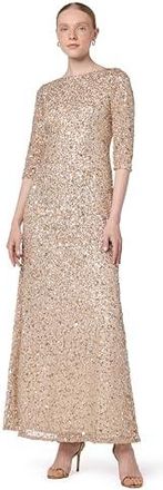 Adrianna Papell Womens 3/4 Sleeve Scoop Back Beaded Gown, Champagne/Silver, 8