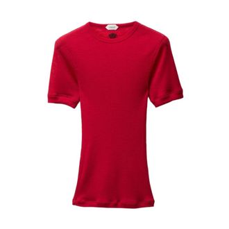 Versace Gestricktes T-Shirt aus gerippter Wolle mit Stickerei - - Tops - Damen - Rot - S