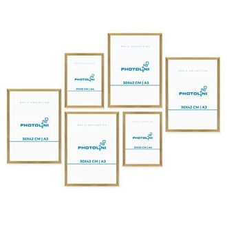 Photolini Cadre bois MDF doré, lot de 6 cadres photo pour posters et affiches No.8, verre acrylique incassable, décoration murale à suspendre, accessoires suppl