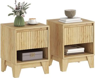 HOMCOM Lot de 2 tables de chevet - HOMCOM - compartiment ouvert et 1 tiroir - panneaux cannel&eacute;s - bois naturel