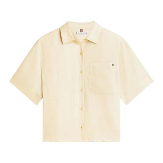 Tommy Hilfiger Femme, Blouses et Chemises, Beige, Taille: 40 FR Chemise &agrave; Manches Courtes en Pur Lin Coupe D&eacute;contract&eacute;e