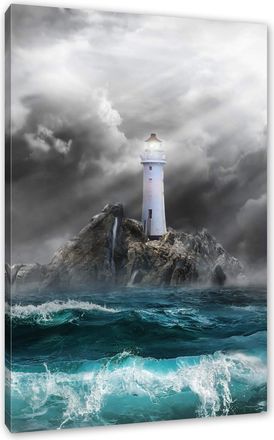 Pixxprint Sonnenstrahlen auf Leuchtturm im Sturm B&W Detail, Größe: 100x70cm, Leinwandbild, fertig gespannt, Wandbild, Dekoration, Kunstdruck, kein Poster