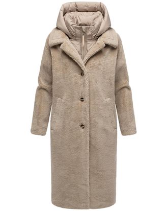 Navahoo Damen warmer Pl&uuml;schmantel aus Teddyfleece mit abnehmbarem, gestepptem Krageneinsatz Teddyzauber 14 Light Taupe Gr. XXL