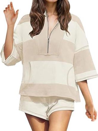 Generic Tenue d&eacute;t&eacute; 2 pi&egrave;ces pour femme - Ensemble dentra&icirc;nement ray&eacute; surdimensionn&eacute; assorti - Ensemble de d&eacute;tente assorti avec chemise et short &agrave; fermeture &eacute;c