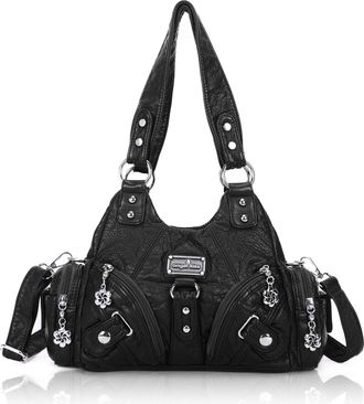 Angel Kiss Kleine Hobo-Umhängetaschen für Damen, Vagen, Leder, mehrere Taschen, Tragetasche mit Reißverschluss, Schwarz