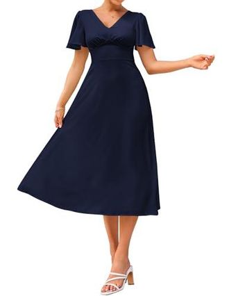 Grace Karin Robe &eacute;vas&eacute;e &agrave; manches courtes et col en V pour femme Dos carr&eacute; avec cravate Robe fluide d&eacute;contract&eacute;e, bleu marine, XXL