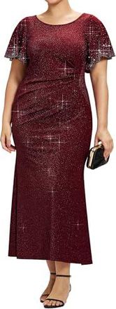 Ever-pretty Robe Grande Taille Femme Longue Évasée avec Manches Courtes Strass pour Mariage, Soirée Bordeaux 50
