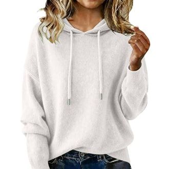 Generic Pull à capuche confortable à manches longues pour femme, pull tricoté avec cordon de serrage, pull côtelé pour lautomne et lhiver, C, 3XL