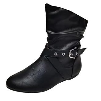 Generic Bottines larges et d&eacute;contract&eacute;es pour femme avec boucle et talon plat, l&eacute;g&egrave;res et confortables, &agrave; enfiler, bottes de marche en plein air, Noir, 39.5 E