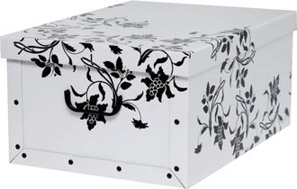 Kreher XXL Dekokarton, Aufbewahrungsbox mit Deckel und Griffen. 45 Liter Volumen. Verschiedene Motive (Barock Blume Wei&szlig;)