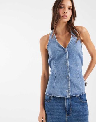 Object Top dos nu en jean nou&eacute; &agrave; la taille - Bleu moyen d&eacute;lav&eacute;