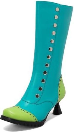 Generic Bottes vintage &agrave; talon rond pour femme avec fermeture &eacute;clair lat&eacute;rale et d&eacute;coration clout&eacute;e, Vert, 37.5 EU