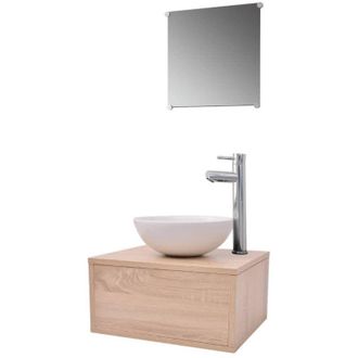 vidaXL Vidaxl - Ensemble de meubles de salle de bain 4 pcs - Meuble sous-lavabo mural beige en agglom&eacute;r&eacute; - Lavabo c&eacute;ramique blanc 280mm - Mitigeur chrom&eacute;
