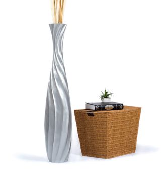 Leewadee Gro&szlig;e Deko Bodenvase F&uuml;r Dekozweige, Hohe Standvase F&uuml;r Pampasgras, Design Holzvase, 105 cm, Silber