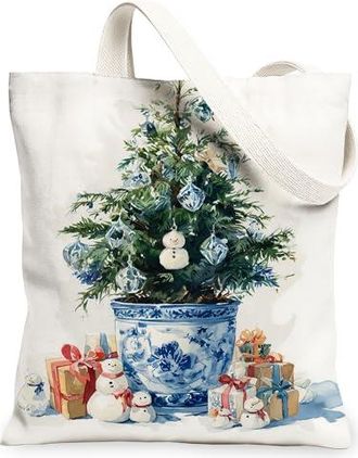 Generic Sacs fourre-tout en toile motif sapin de No&euml;l vintage, l&eacute;gers, lavables et r&eacute;utilisables pour le shopping, les voyages, blanc, 13x15 Inch