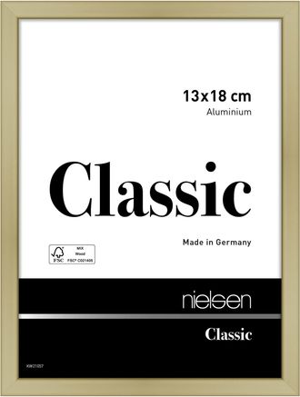 Nielsen Design Bilderrahmen, 13 x 18 cm, Aluminium, Gold matt, Fotorahmen zum Auftstellen und Aufhängen im Hoch- & Querformat, Echtglas, Classic