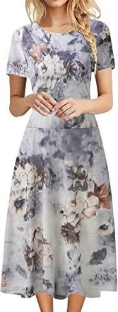 Generic Robe boh&egrave;me 2026 pour femme, robe d&eacute;contract&eacute;e, col rond, manches courtes, imprim&eacute; floral, t-shirt ample et fluide, gris, 3XL