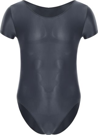 TiaoBug Herren ÖL Glanz Body Ärmellos/Kurzarm Bodysuit mit Bein Einteiler Kompression Unterwäsche Sport Trikot Leotard Dunkelgrau C L
