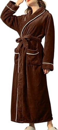 Generic Robe de chambre dhiver pour femme - Robe chaude et confortable &agrave; col ch&acirc;le avec poches, coupe droite, chemise de nuit dhiver &agrave; manches longues, caf&eacute;, 