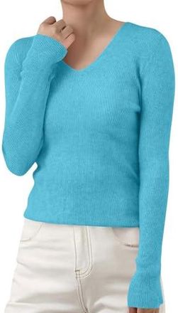 Generic Pull en tricot pour femme avec col en V - Couleur unie - Classique - Confortable - D&eacute;contract&eacute; - Manches longues - Coupe ajust&eacute;e - L&eacute;ger - Tendance - 