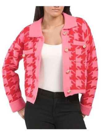 Generic Cardigan court &agrave; carreaux et col rond pour femme, coupe d&eacute;contract&eacute;e, manches longues, manteau tricot&eacute; boutonn&eacute; avec poches, rose, taille S pour le qu
