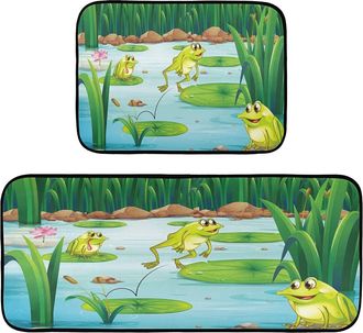Mnsruu Rutschfeste K&uuml;chenmatte mit gr&uuml;nem Frosch-Motiv, 119,4 x 50,8 cm + 71,1 x 50,8 cm, f&uuml;r Eingangsbereich, Flur, Badezimmer, Wohnzimmer