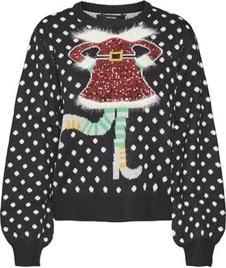 Vero Moda Vmsparkle Elfie Ls Pull à col Rond Xmas Tricot, Noir/détails : Bouleau + Gris Clair + Haricot gelé + Jaune + Paillettes Rouges, M Femme
