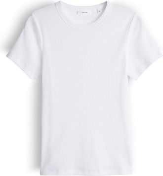 OPUS Kurzarmshirt Basicshirt aus Baumwoll Mix mit Muschelkante Schmale Passform, bogenf&ouml;rmige Spitzenborte