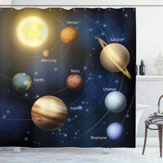 Abakuhaus Platz Duschvorhang, Sonnensystem-Planeten, Stoffliches Gewebe Badezimmerdekorationsset mit Haken, 175 x 180 cm, Nachtblau