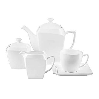 Ambition Ambition 94626 Kaffeeservice Monaco 17 TLG. Kaffee Set Porzellan Eckig wei&szlig; Tassen Untertasse Kaffeekanne Milchkanne Zuckerdose sp&uuml;lmaschinengeeignet 