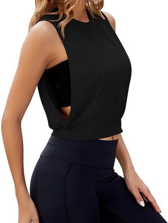 Generic Débardeur long pour femme - T-shirt sans manches pour femme - Haut dentraînement de sport - Haut court ouvert sur le côté pour lexercice athlétique - 