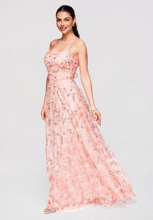 Ombre Abendkleid Damen Maxikleid Abendkleid mit 3D-Applikationen Peach XL (kein Set, 1-tlg) R&uuml;ckenfreies Design, Korsettschn&uuml;rung