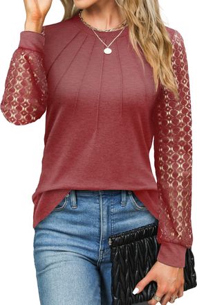 Zeagoo Frauen Bluse Elegante Spitze Shirt Langarm Rundhals T Shirt L&auml;ssig Blusen Herbst und Winter Oberteile Dressy Tunika Einfarbig Top Rot XL