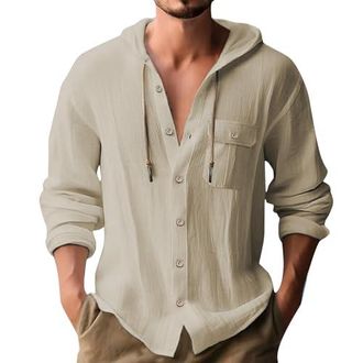 Generic Chemise en lin pour homme, chemise &agrave; manches longues, chemise &agrave; capuche, chemise boutonn&eacute;e, couleur unie, haut de sport, l&eacute;ger, haut d&eacute;t&eacute; et de plage,