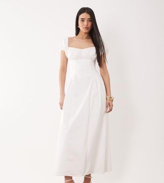 KAIIA Exklusives Maxikleid aus Baumwolle in Creme mit Milchm&auml;dchen-Ausschnitt, Puff&auml;rmeln und Faltenwurf der H&uuml;fte-Wei&szlig;