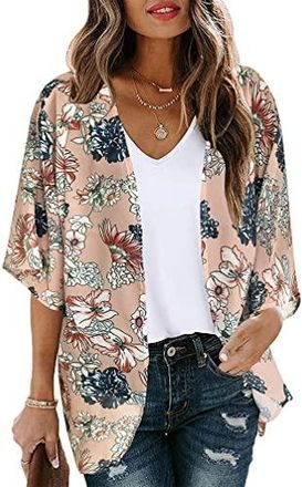 Minetom Femmes Gilet Kimono Casual Veste Cardigan en Mousseline de Soie Été Imprimé Floral Plage Outwear Pareo Tops Maillot de Bain Bikini Cover Up Style 31 X