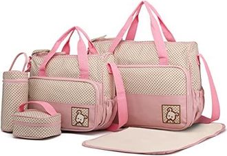 Miss Lulu 5pcs Sac à Langer pour Bébé Set Multifonction Sac à Langer Maternité Messenger en polyester pour lhôpital Set avec design imprimé à pois (Rose)