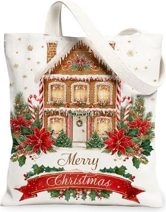 Generic Sacs fourre-tout en toile pour maison de No&euml;l, motif floral de vacances, sacs d&eacute;picerie r&eacute;utilisables, vintage l&eacute;gers et lavables avec bandouli&egrave;re, Bl