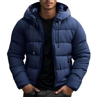 Generic Manteau dhiver matelass&eacute; isol&eacute; coupe-vent thermique &eacute;pais avec capuche et poches pour homme, bleu, XXL