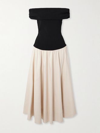 SIMKHAI Adaline Schulterfreies Midikleid Aus Einer Leinenmischung Und Recyceltem Glänzendem Jersey - Schwarz