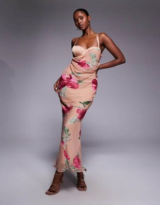 Asos Maxikleid mit übergroßem Ausbrenner-Blumenmuster und Korsett-Design-Bunt