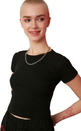 Trendyol Trendyol Damen Ferry Crop Gestrickte Bluse Blouse, Schwarz, M EU