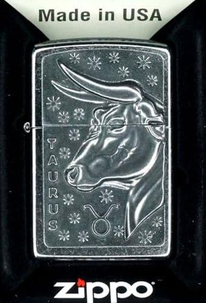 Zippo Sturmfeuerzeug - Zodiac Taurus, Street Chrome, Emblem - Nachf&uuml;llbar - Wiederverwendbar - Windfestes Design - Geschenkbox - Made in USA