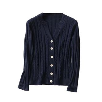 Generic Cardigan en tricot torsad&eacute; &agrave; manches longues et col en V pour femme, Bleu marine, S