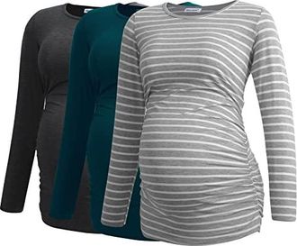 Smallshow Femme Vetement Grossesse Manches Longues T Shirt Maternit&eacute; Pack de 3,Deep Grey-Teal-Light Grey Stripe,M