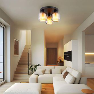 Globo Lighting Plafonnier salon lampe chambre verre fumé 3xE27 noir mat