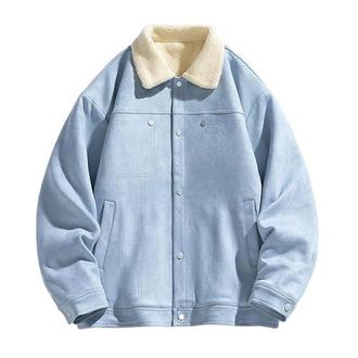 Generic Veste en cuir à double boutonnage pour homme avec col en laine dagneau rétro chaud et ample, bleu, S