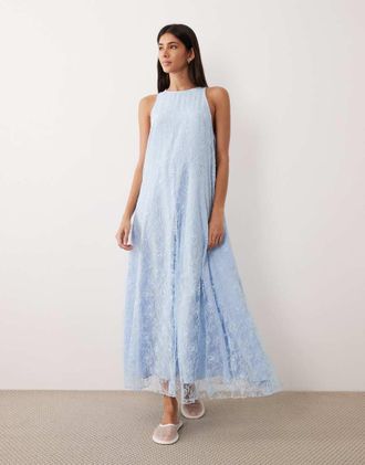 Asos Robe longue en dentelle &agrave; col montant et dos nageur - Bleu pastel-Multicolore