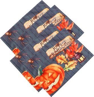 Cabilock 4 Stücke Teiliges Halloween Tischset mit Kürbismotiv Abwaschbare Platzsets für Küche und Esstisch Bunte Sonnenblumen und Kürbismatten als Hitzebeständ